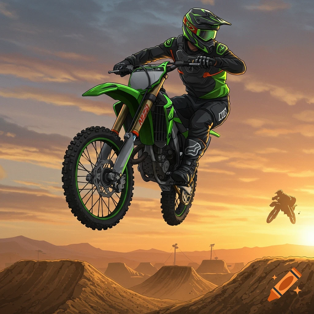 A stylized image of a motocross rider jumping high over dirt ramps at ...