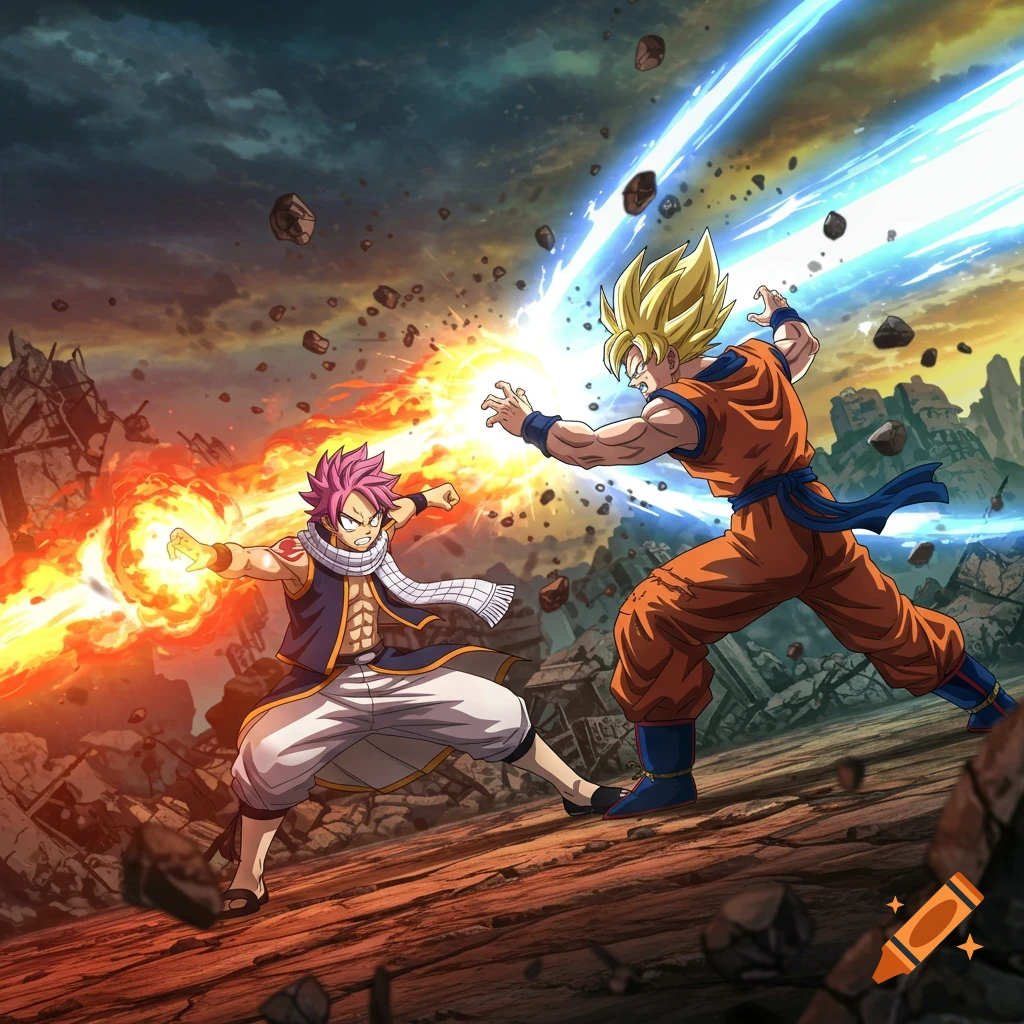 Natsu from Fairy Tail fighting Goku from Dragon Ball Z on Craiyon