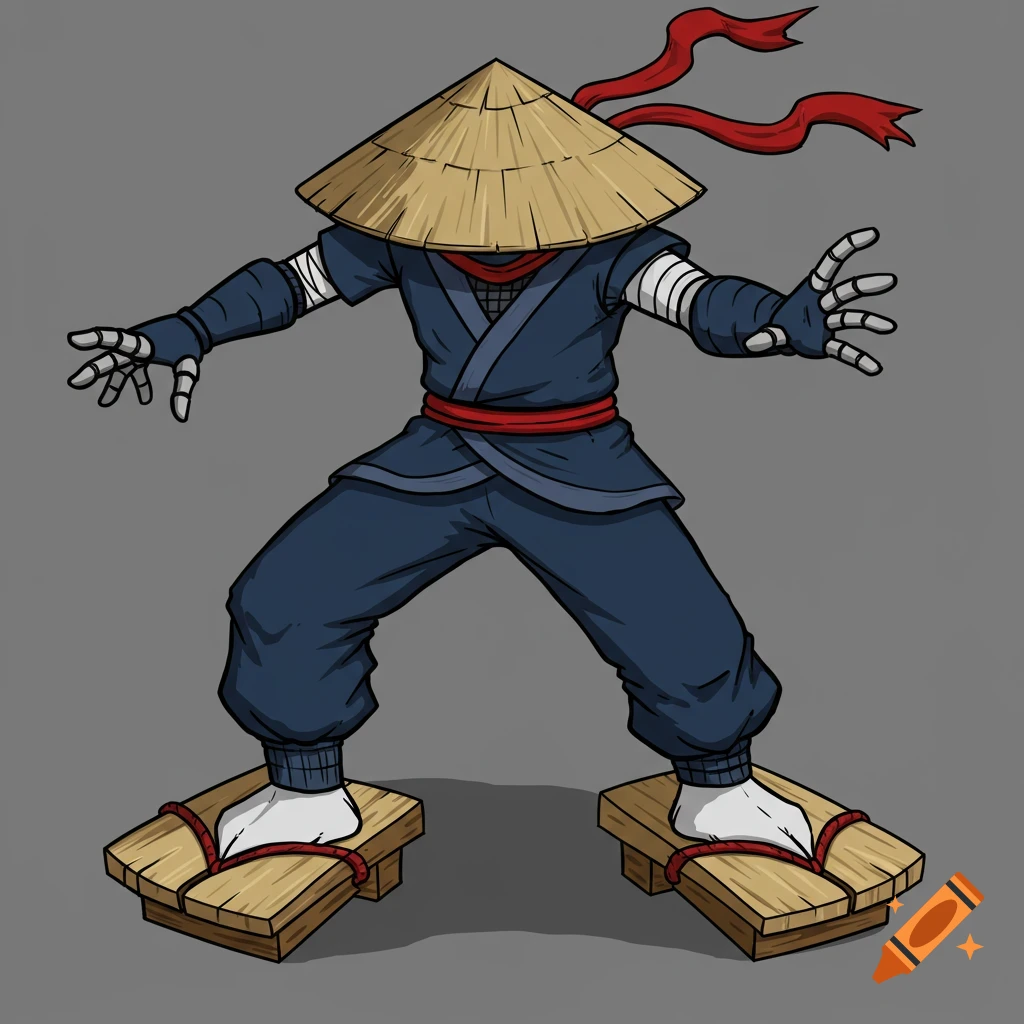 Cartoon robot ninja turning invisible with waraji sandals and tabi ...