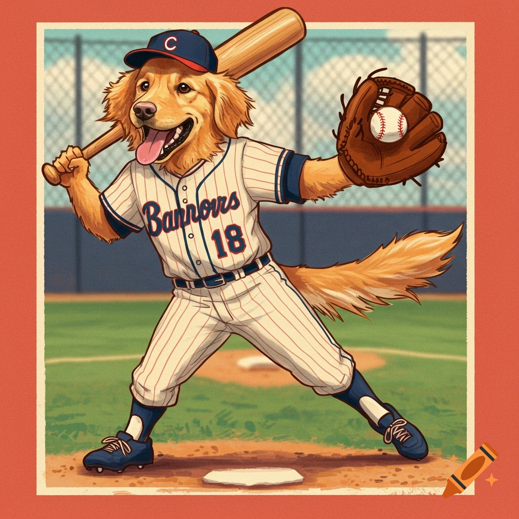 Cartoon of a golden retriever dog in a baseball uniform holding a bat ...
