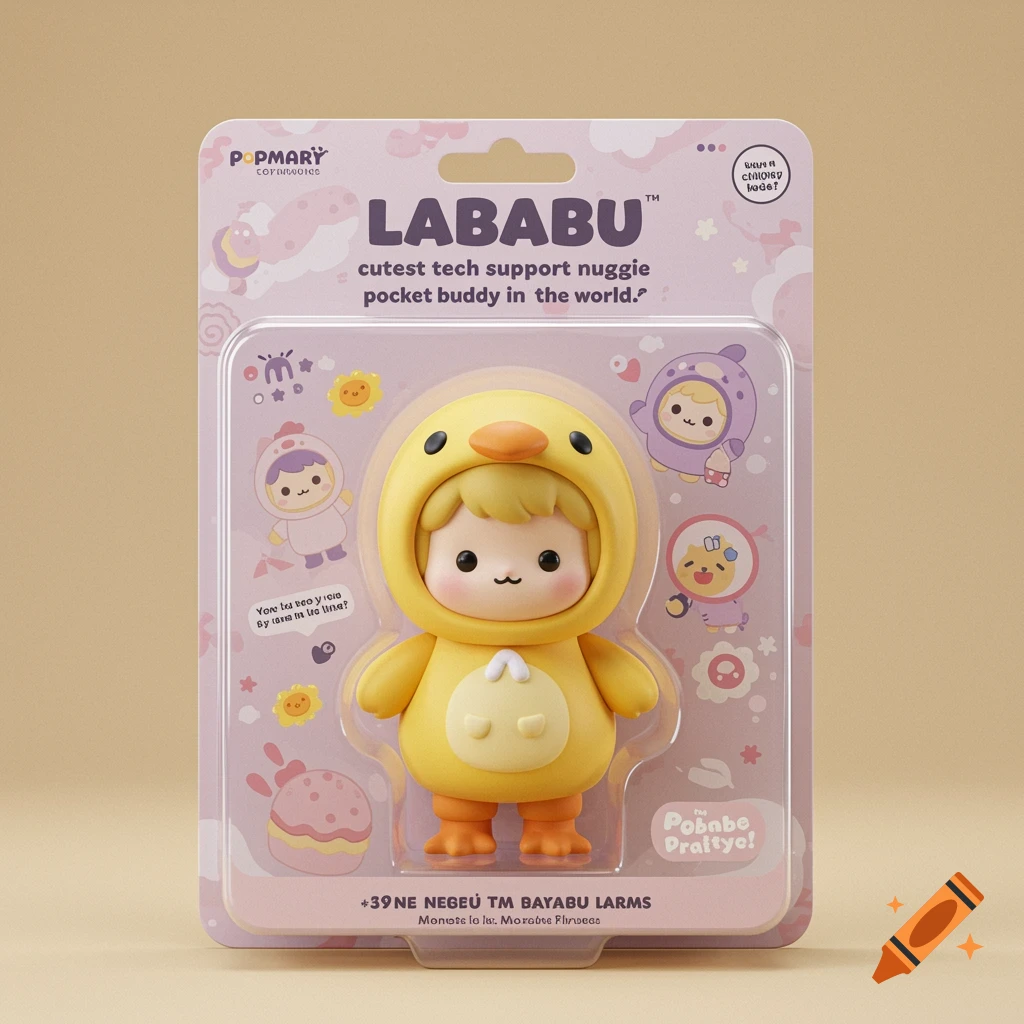 A cute toy figure in a yellow chicken costume displayed in clear ...