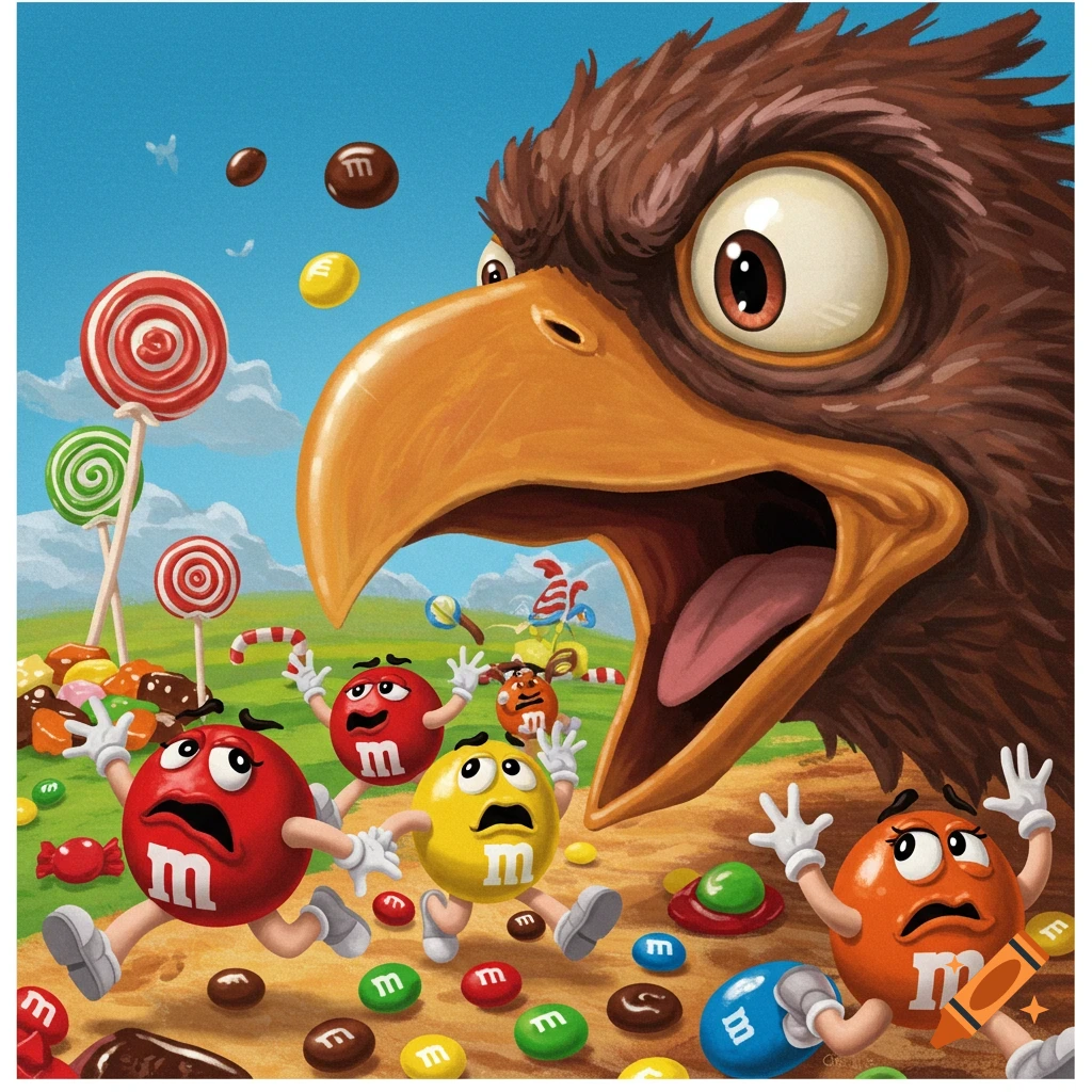Cartoon M&M characters run scared from a giant bird head in a candy ...