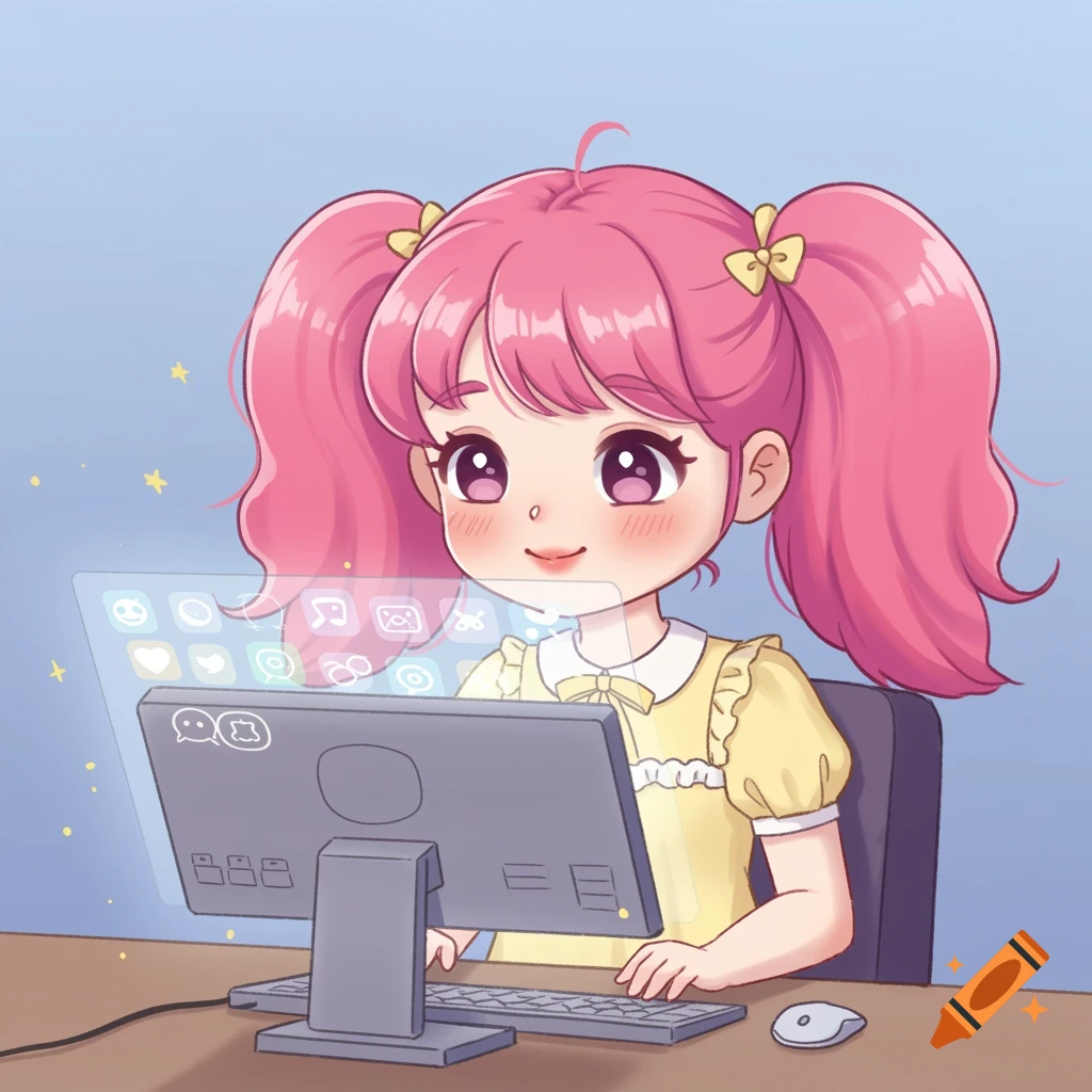 Cute cartoon lady behind computer screen on Craiyon