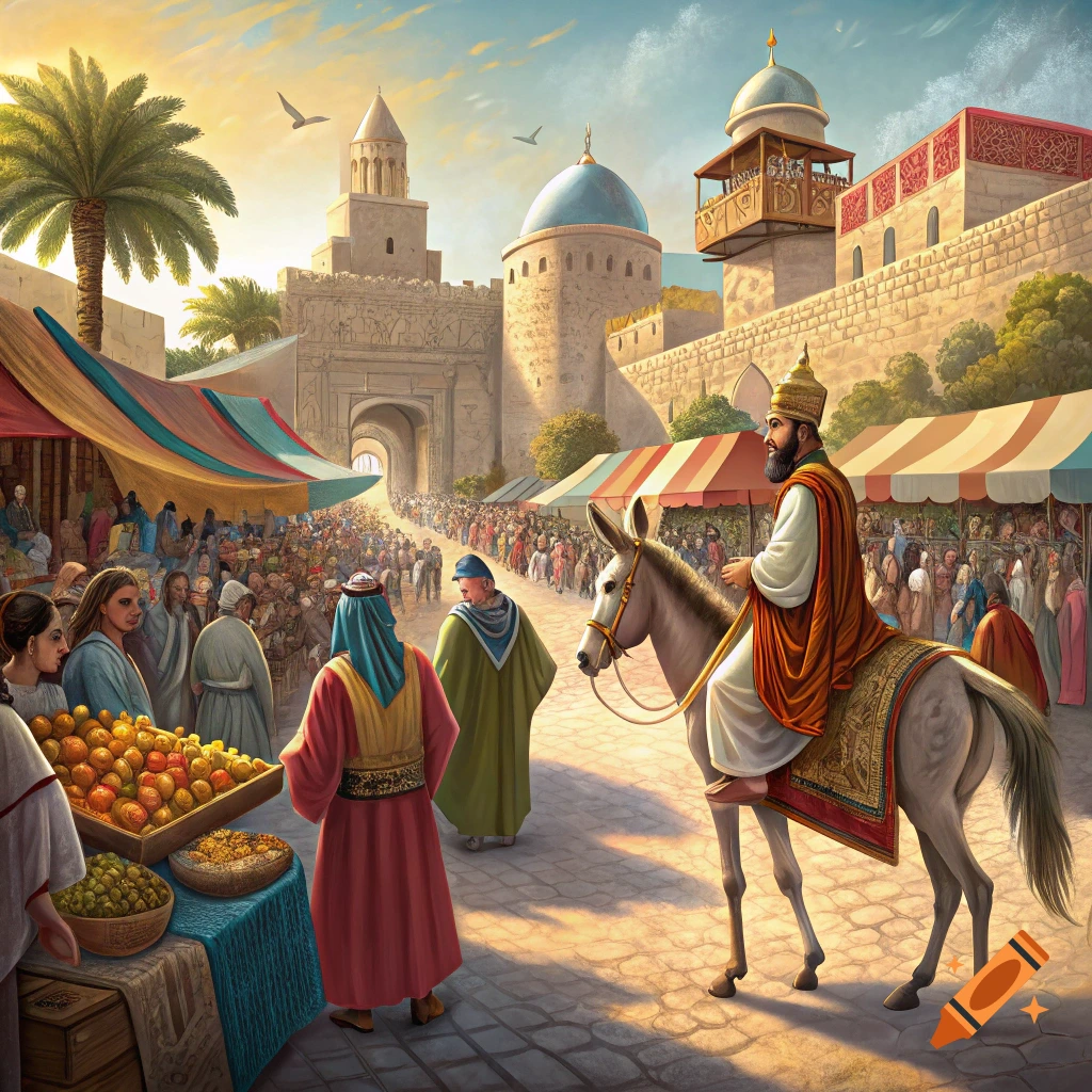 A king rides a donkey through a crowded ancient city market with ...