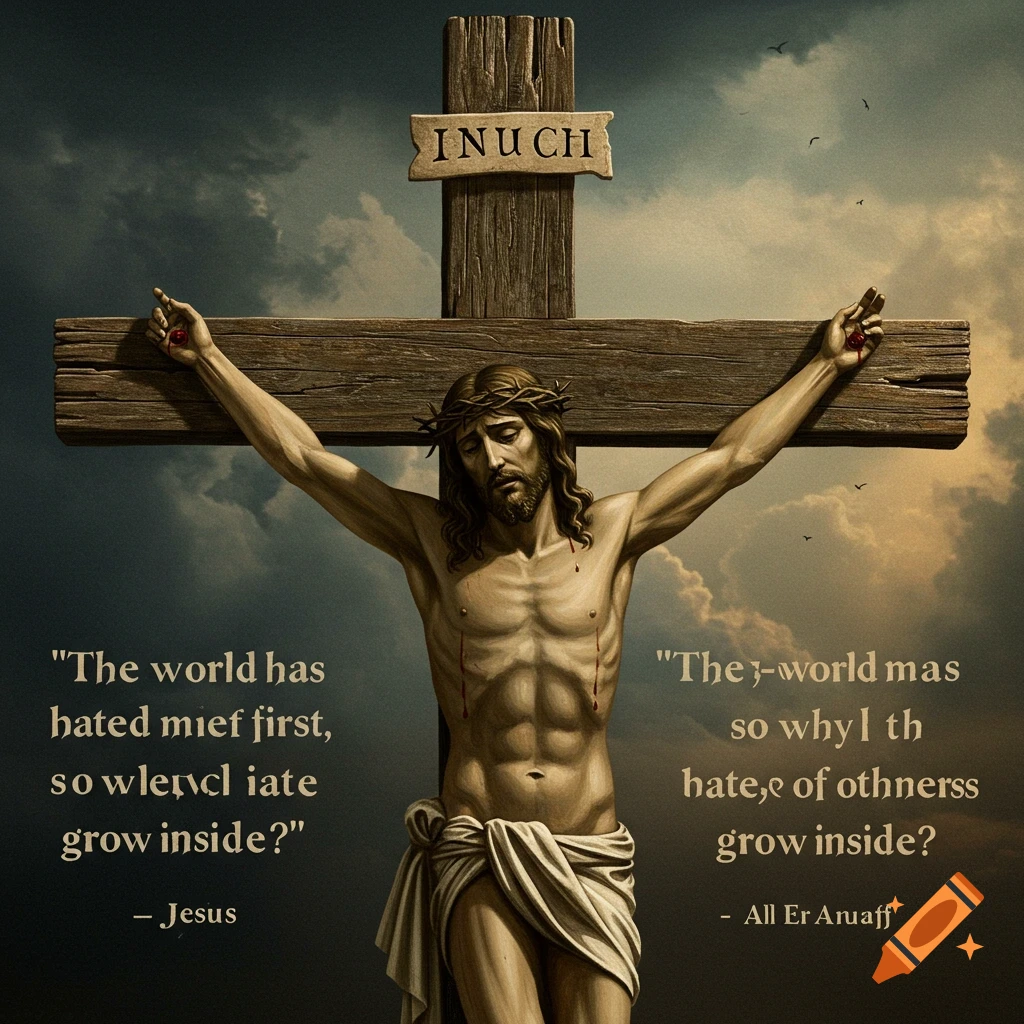 Jesus on a cross with text about hate on Craiyon