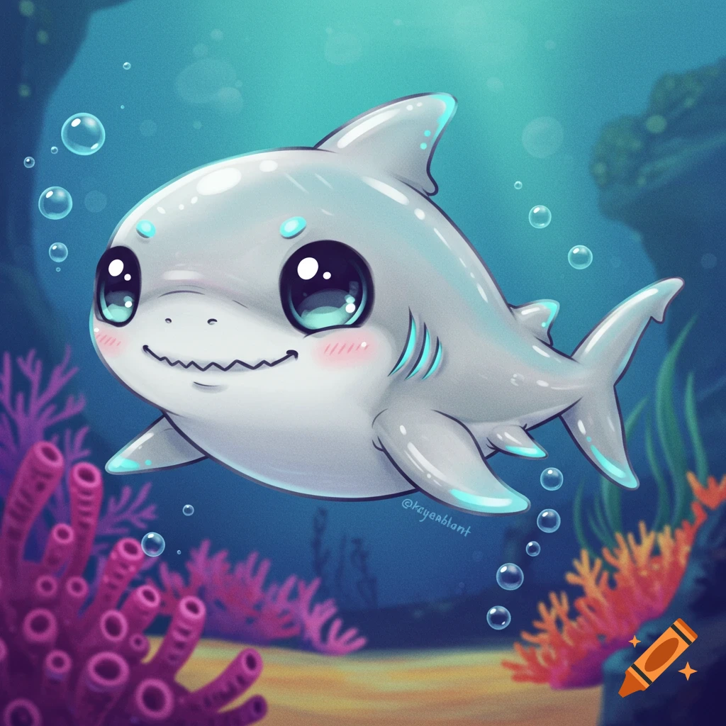 A cute chibi shark swims underwater with bubbles and coral. on Craiyon