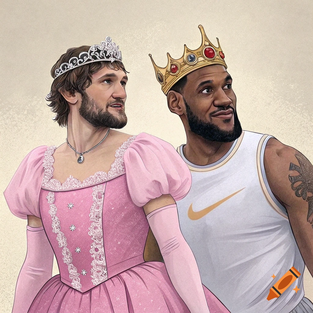 Alex Ovechkin and LeBron James wearing crowns, LeBron in pink princess dress on Craiyon