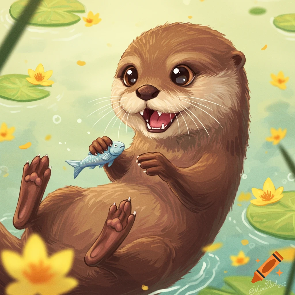 A cute otter is floating in water with lily pads and flowers, holding a ...