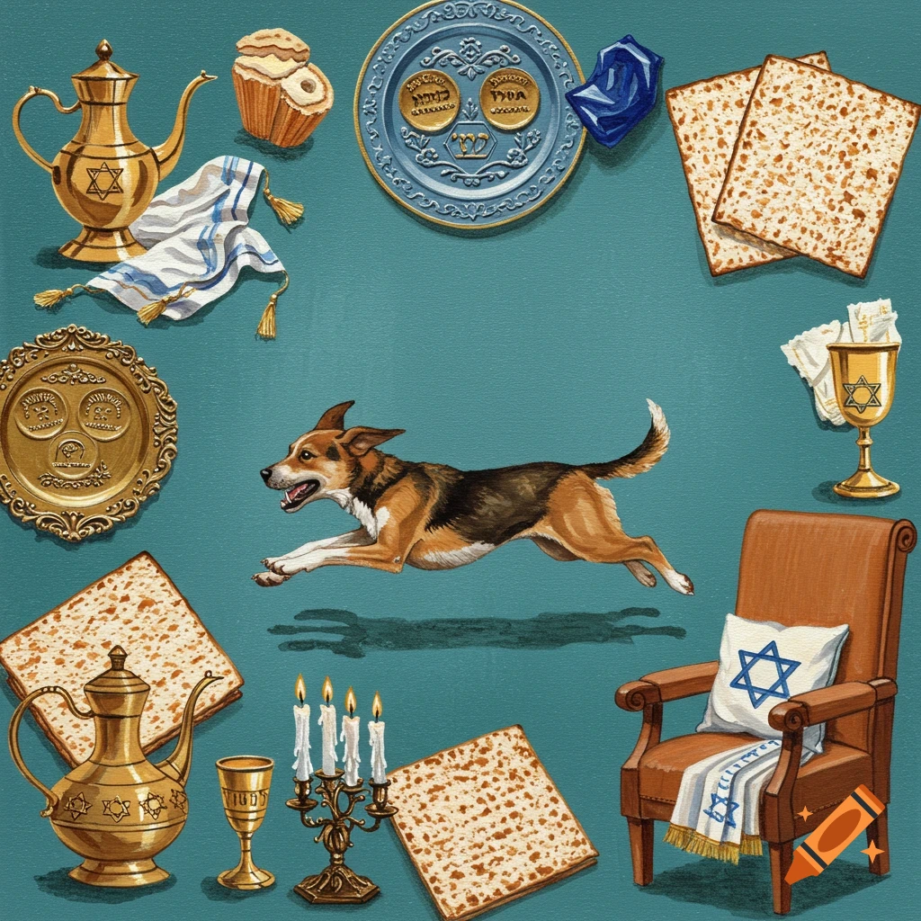Dog chasing rabbit with Jewish religious items on Craiyon