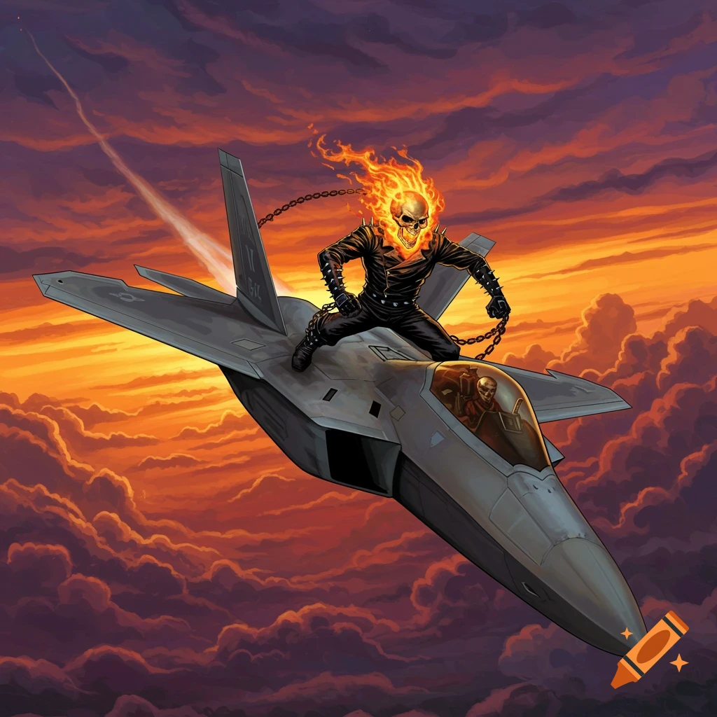 Ghost Rider riding an F-22 Raptor jet at sunset, comic book style. on ...