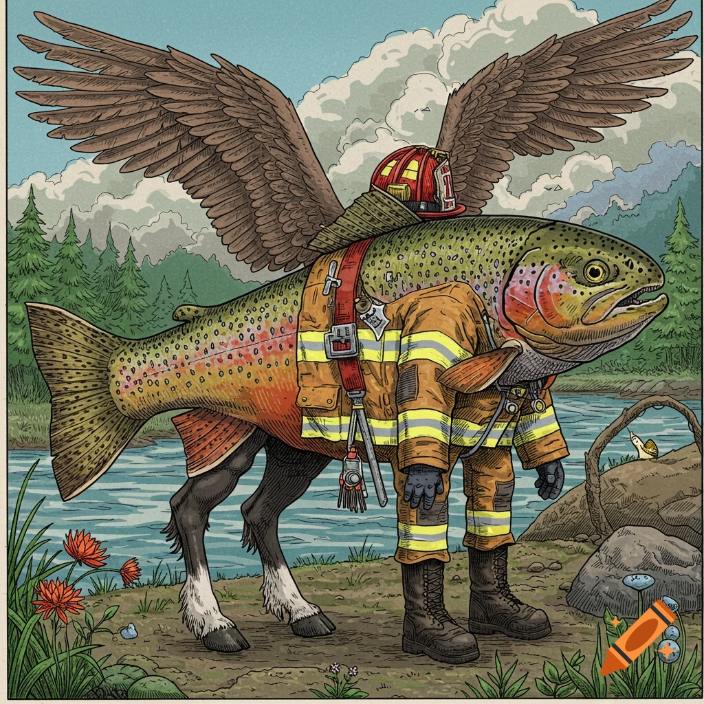 Illustrated image of a trout with horse legs and wings wearing ...