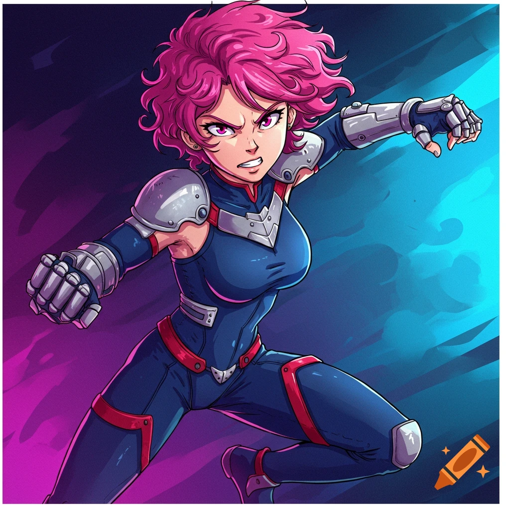 Anime woman with pink curly hair in a fight pose wearing a blue suit ...