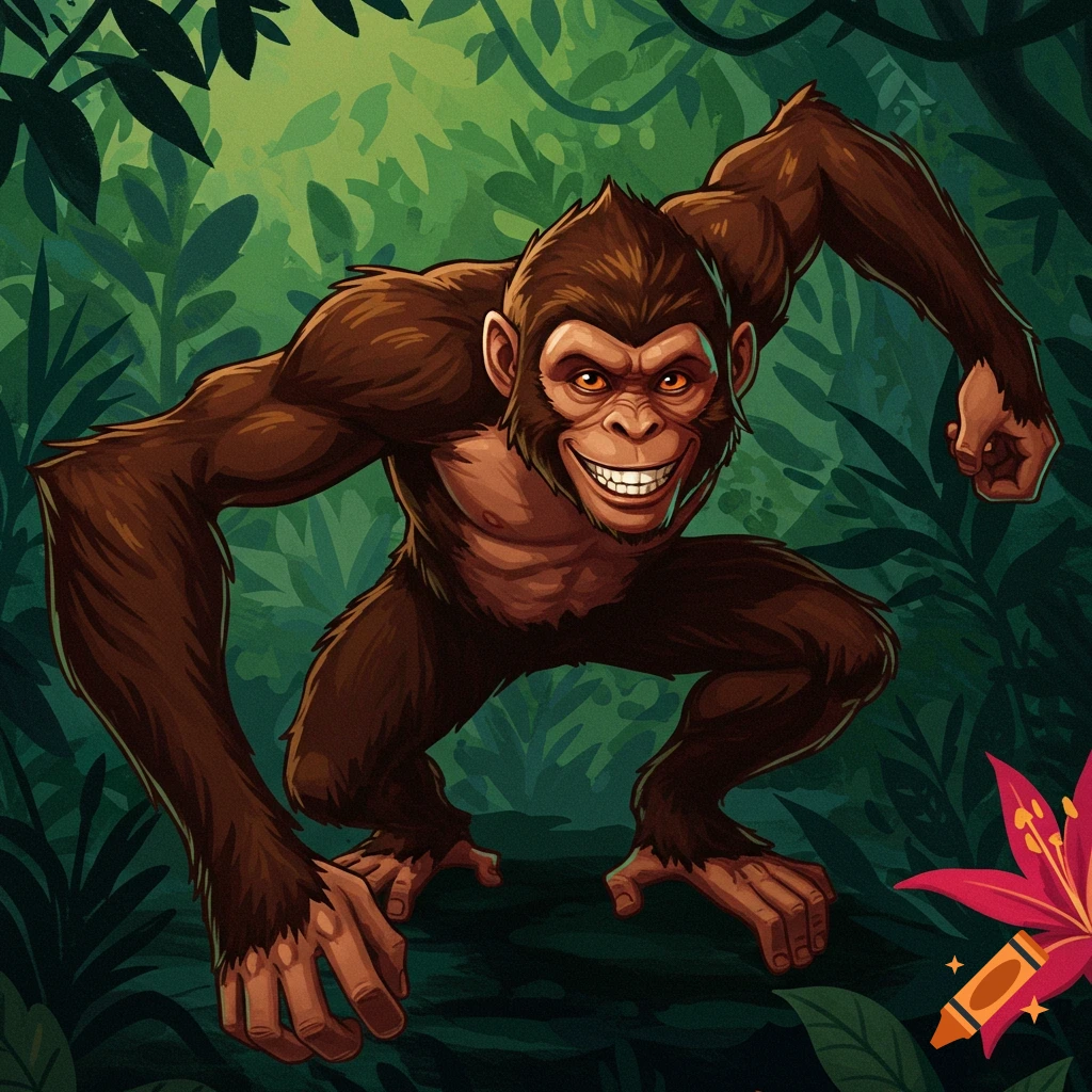 Illustration of a half man, half monkey creature standing on a log in a jungle at sunset. on Craiyon