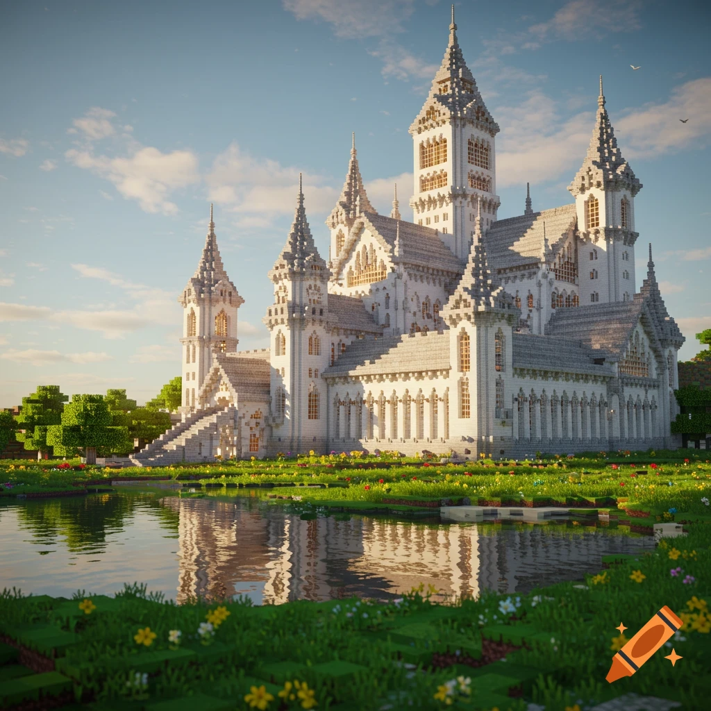 A white and black Minecraft castle on a lake surrounded by trees. on ...