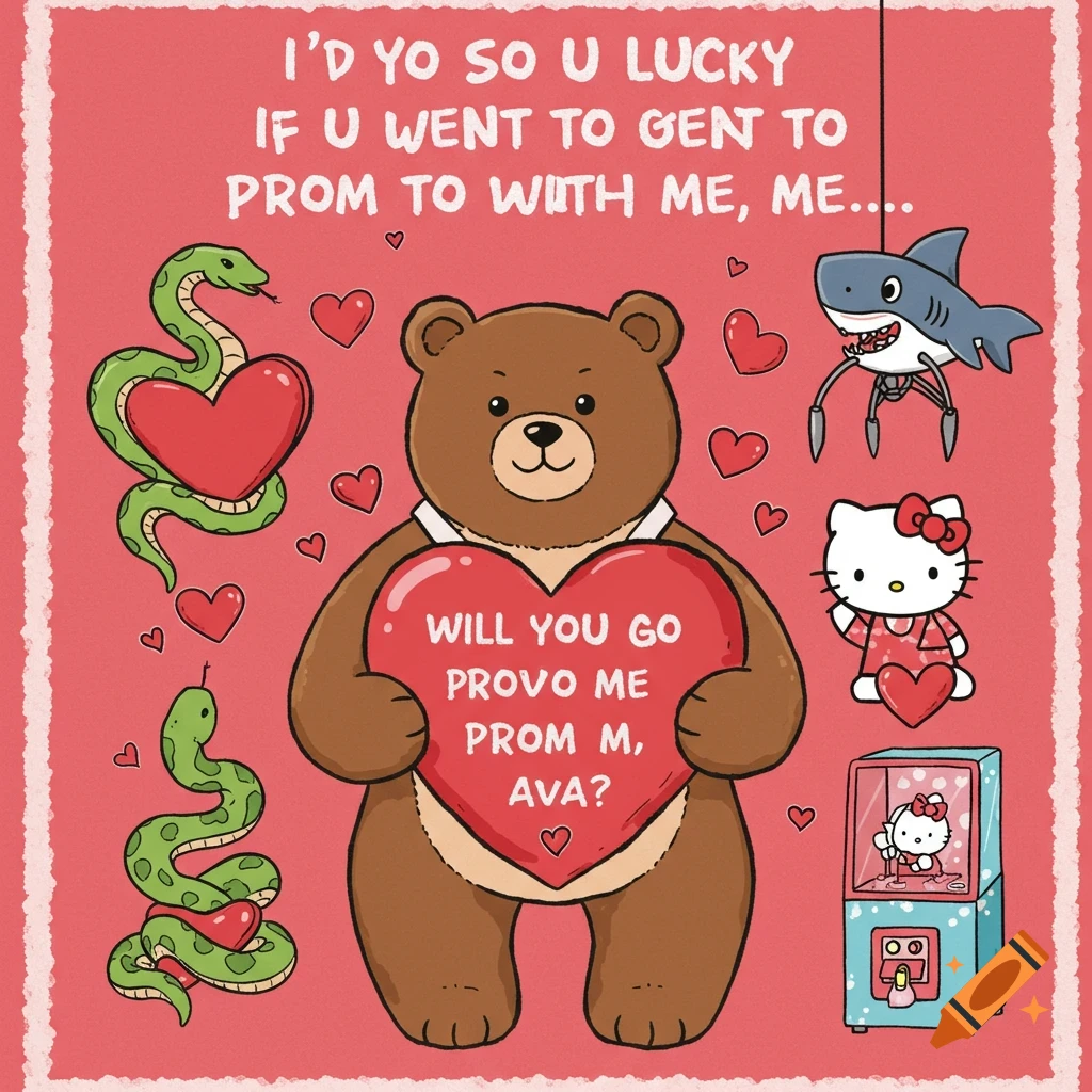 Hand-drawn prom invitation poster with a bear, hearts, snakes, Hello ...