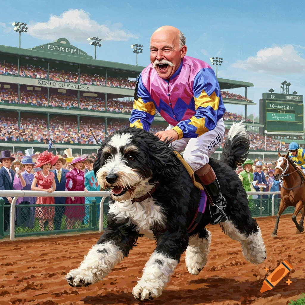 Painting of a bald man riding a sheepadoodle dog at the Kentucky Derby ...
