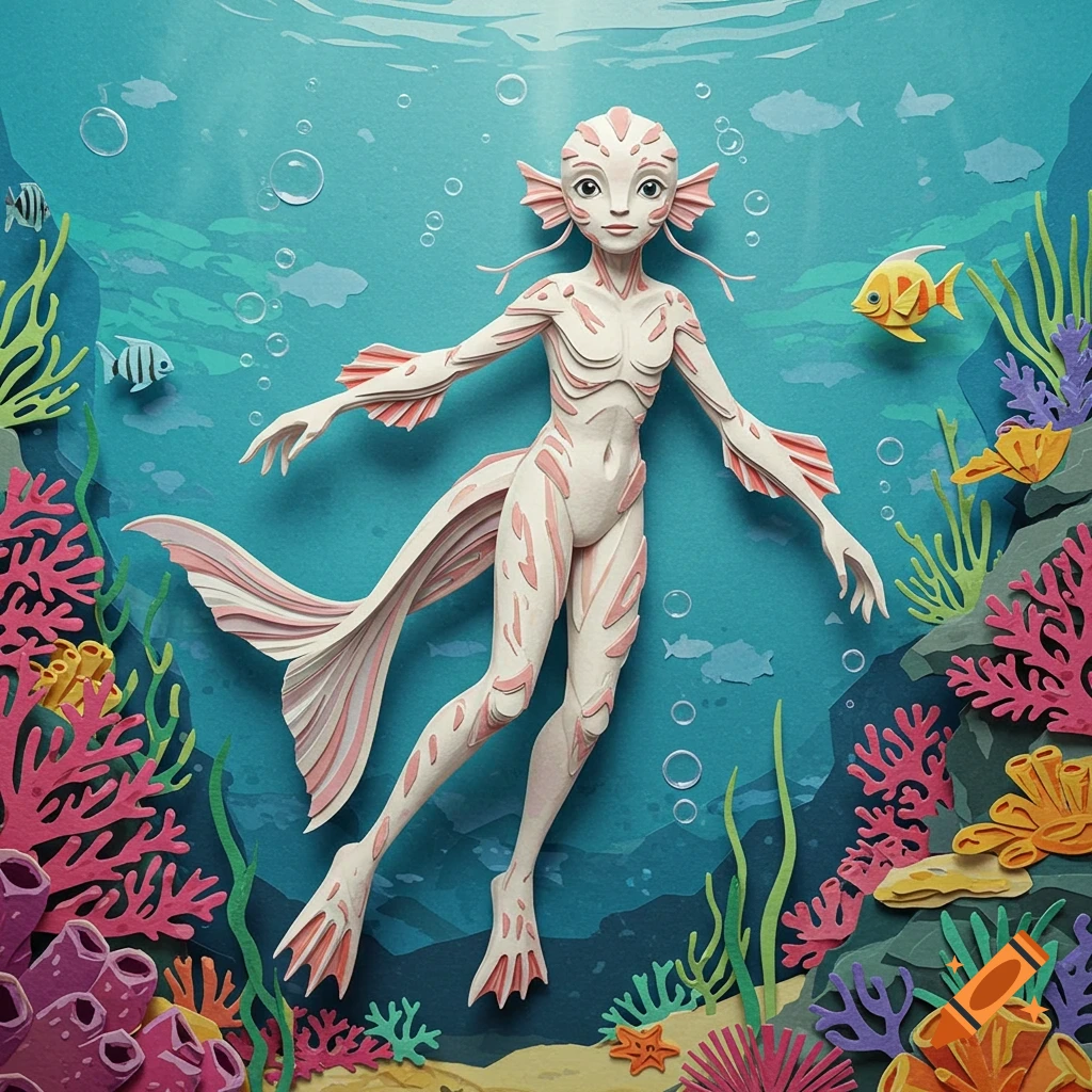 Paper art of an amphibious humanoid creature swimming underwater with coral and fish. on Craiyon