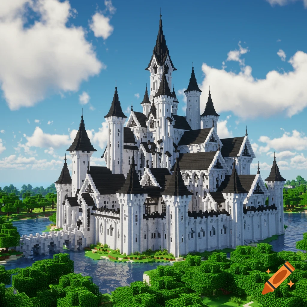 A white and black Minecraft castle on a lake surrounded by trees. on Craiyon