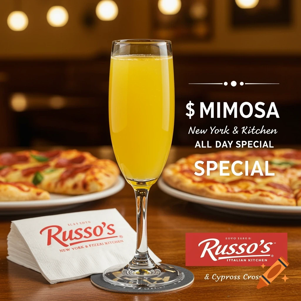 Russo's New York Pizzeria & Italian Kitchen $5 Mimosa All Day logo on ...