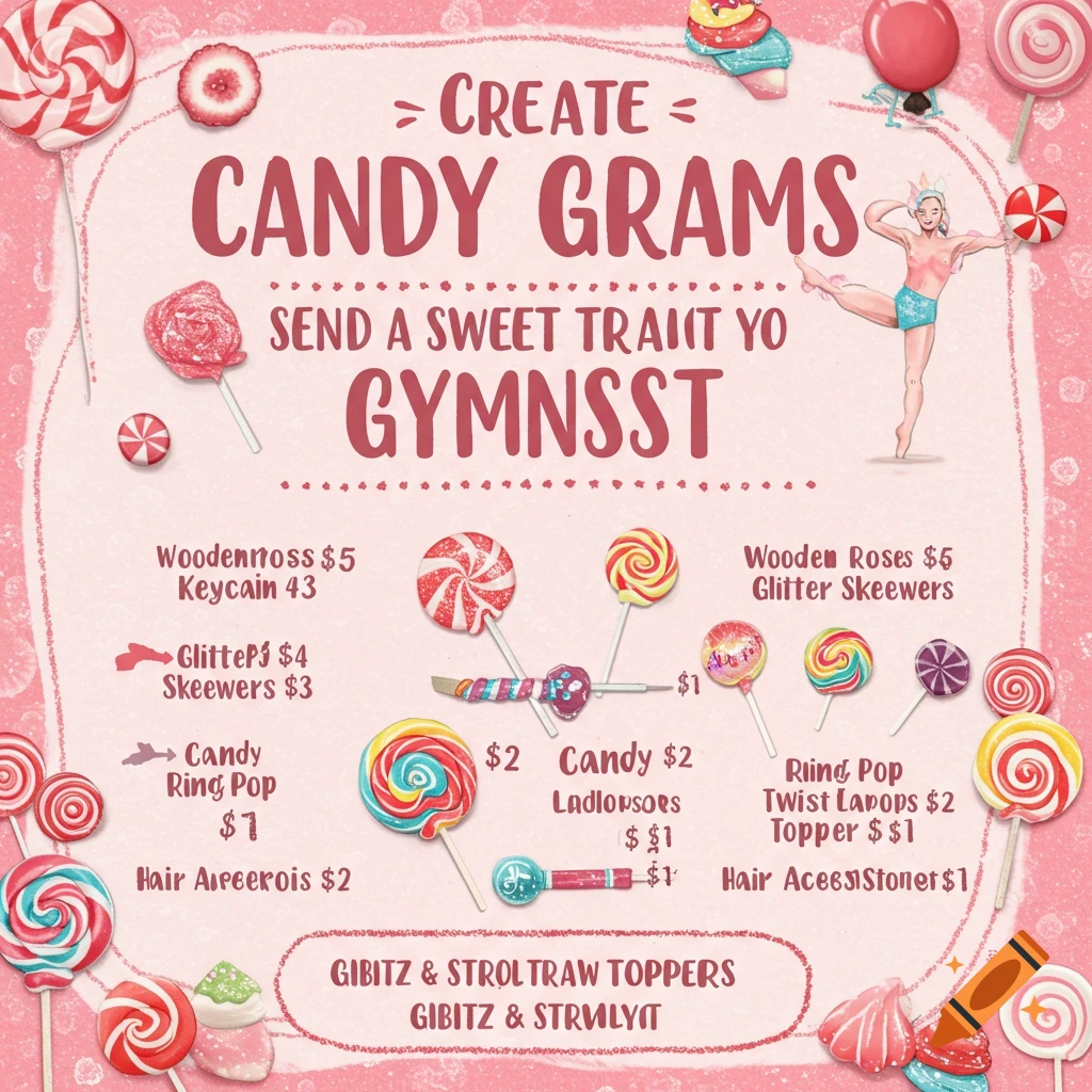Candy Grams flyer for gymnasts with candy and accessories on Craiyon