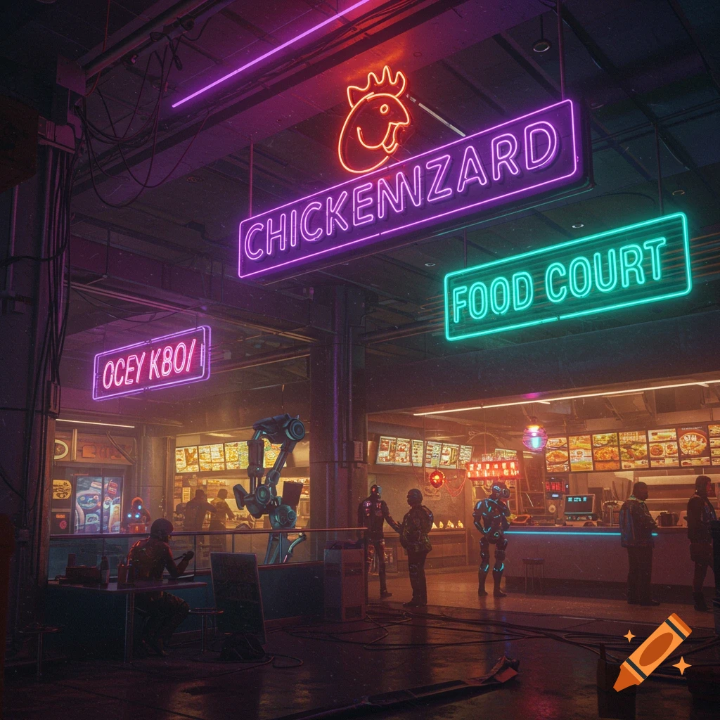 Mall food court with neon "CHICKENWIZARD" sign in cyberpunk style on ...
