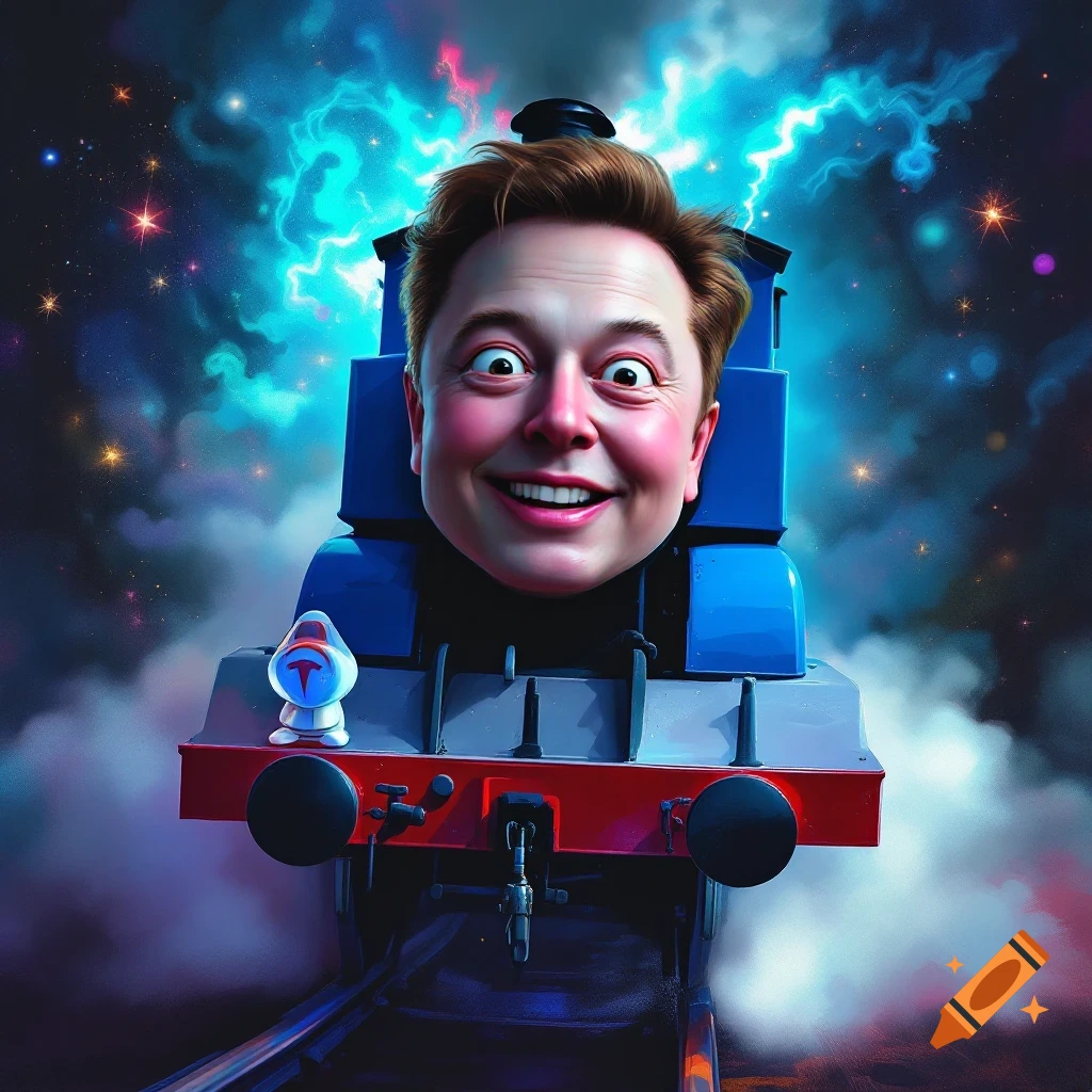 Thomas the Train with Elon Musk's face, caption 'Buy a Tesla', trippy ...