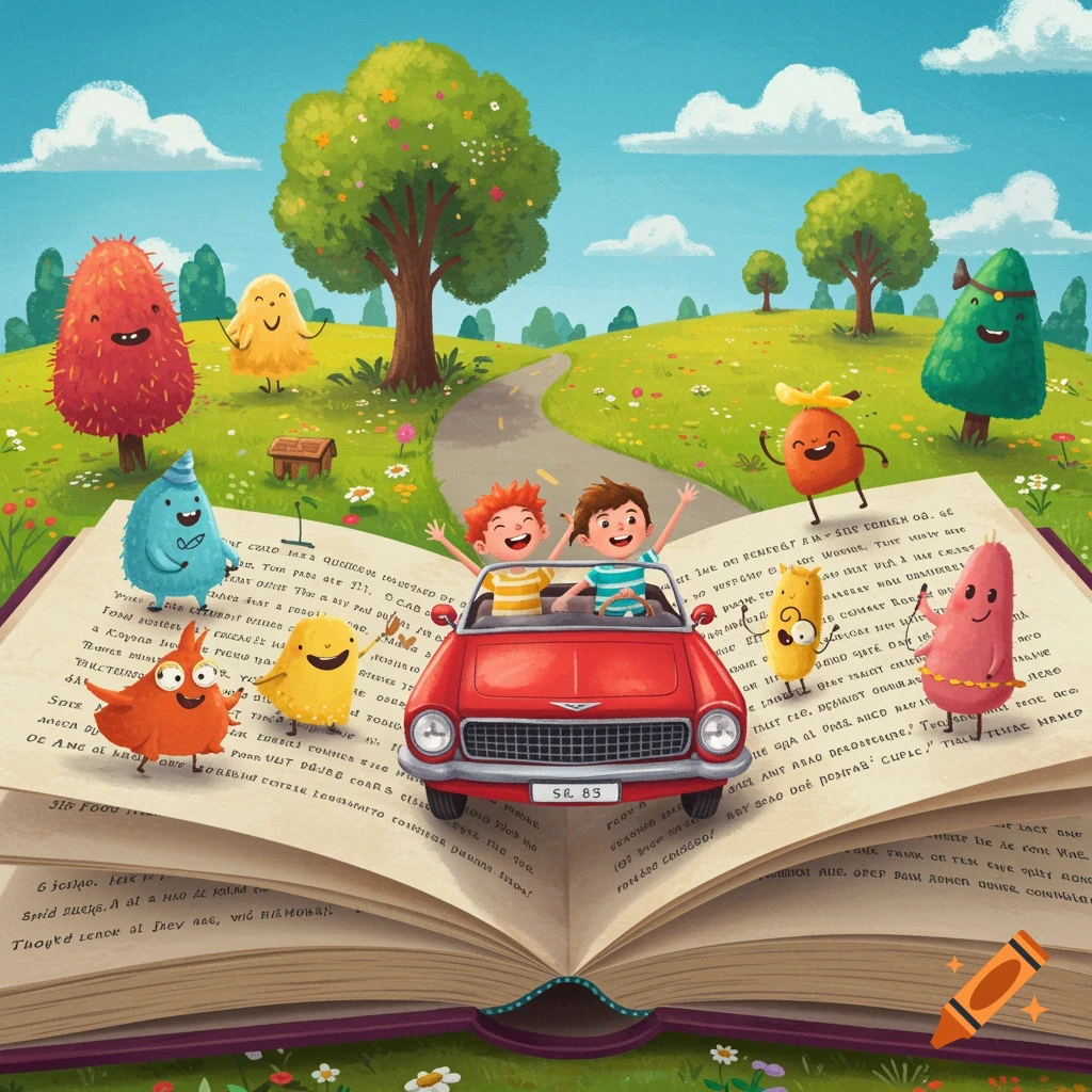 Kids on road trip through a book on Craiyon