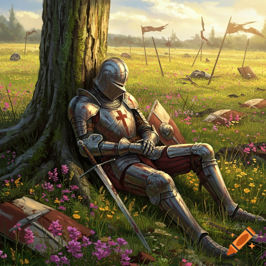 Knight resting in flowers on Craiyon