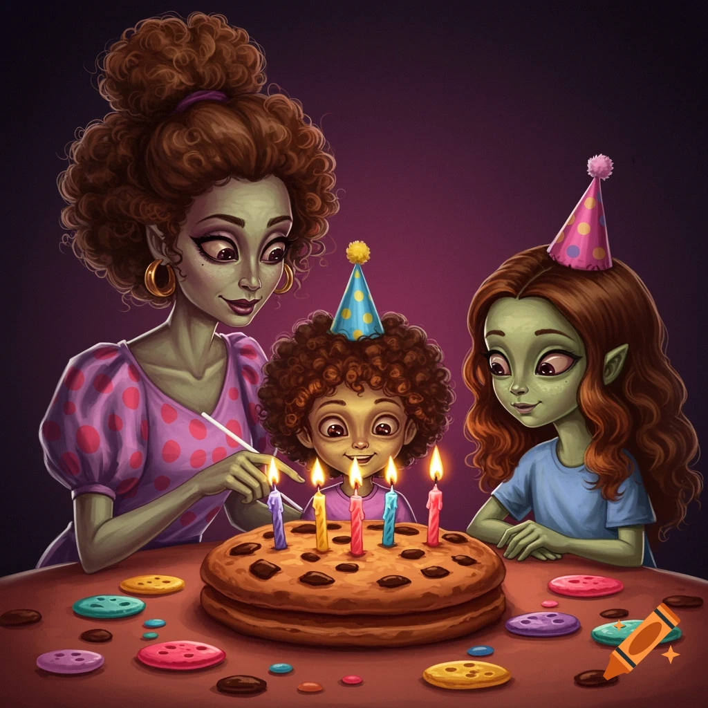 Alien family celebrating a birthday with a cookie cake on Craiyon