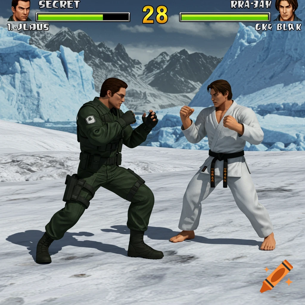 Two male characters in a fighting game pose in a snowy mountainous ...