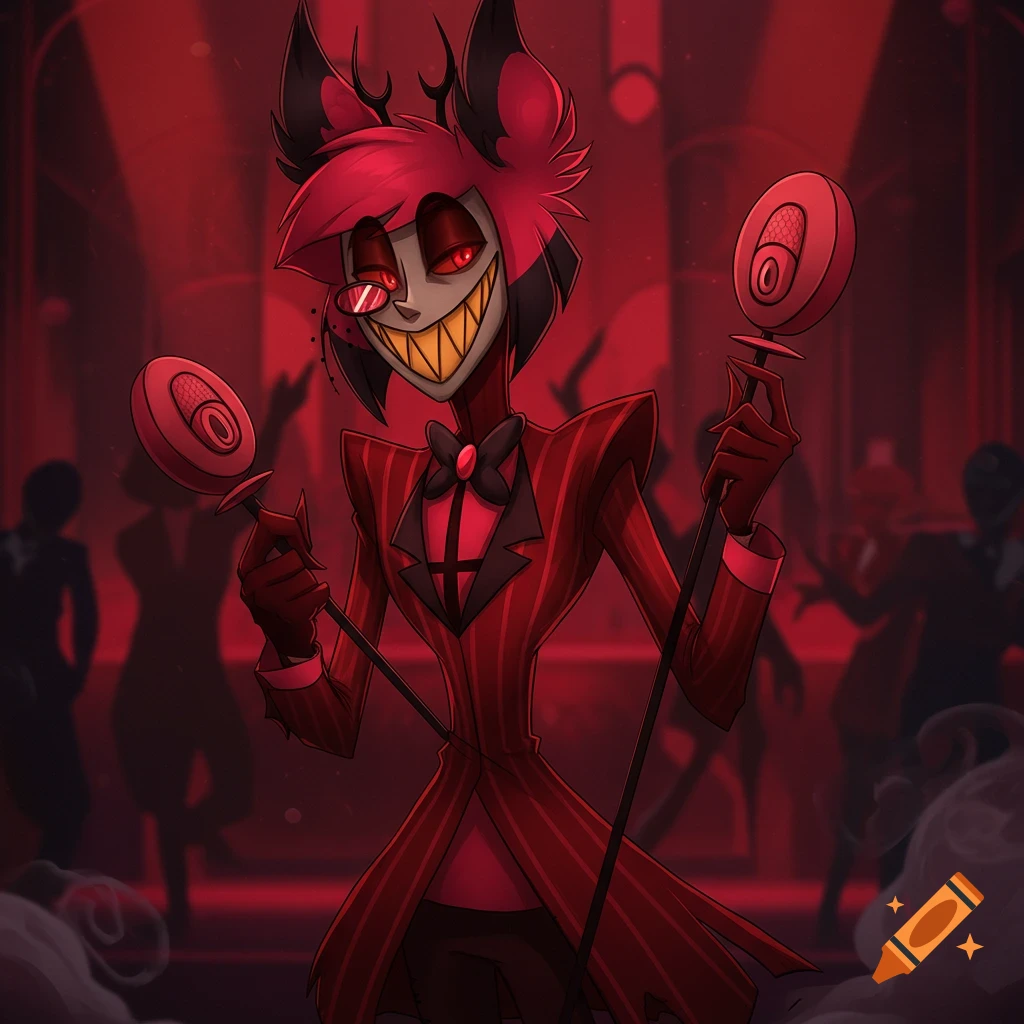 Alastor from Hazbin Hotel holding a microphone in a red studio. on Craiyon