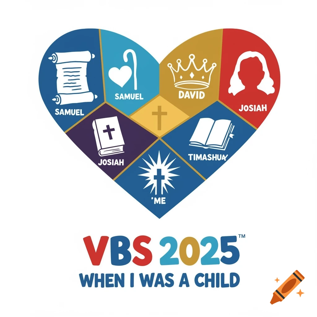VBS 2025 logo with symbols of Samuel, David, Josiah, Timothy, Jesus ...