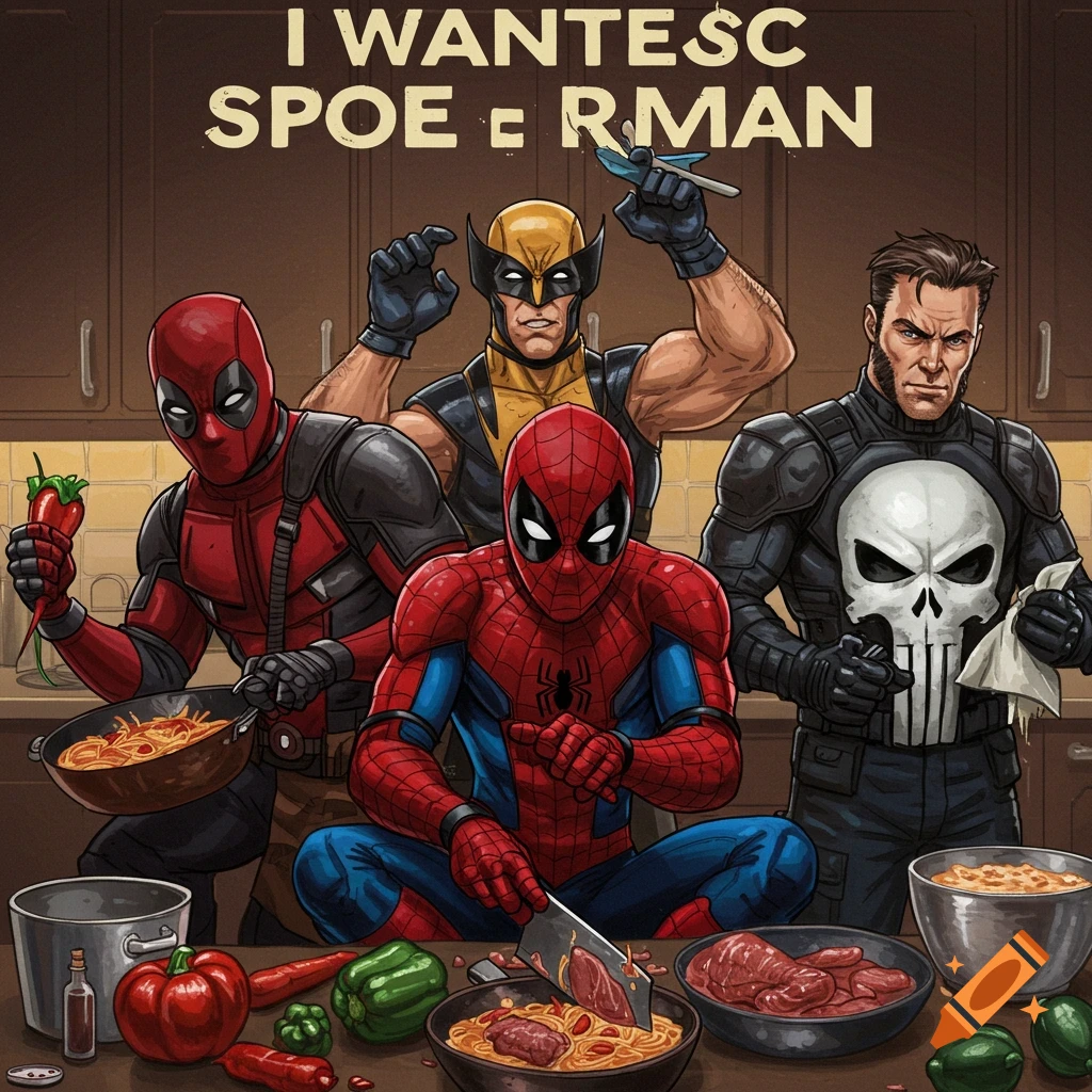 Spider-Man, Deadpool, Punisher, and Wolverine cooking on Craiyon