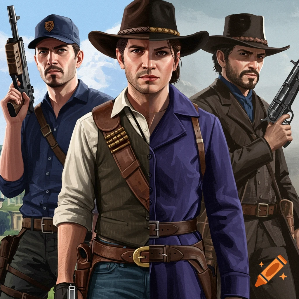 Three people, half in GTA V style with modern weapons, half in RDR2 ...