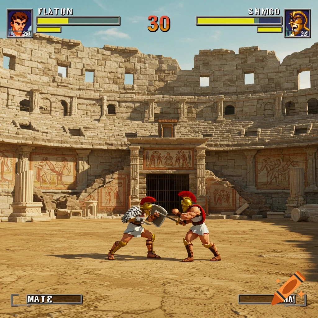 A retro fighting game scene between two pixelated gladiators in a ...