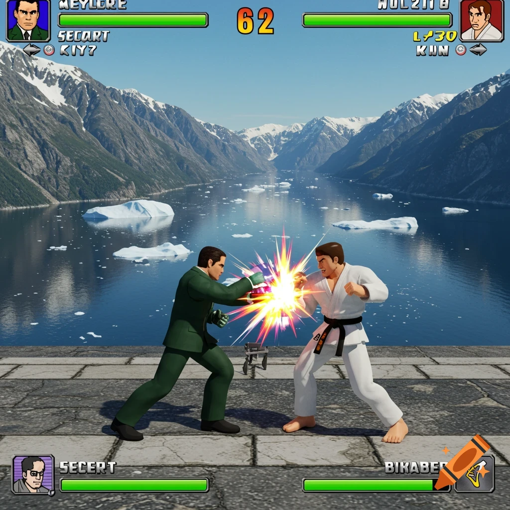 3D fighting game with secret agent and karate blackbelt on Craiyon