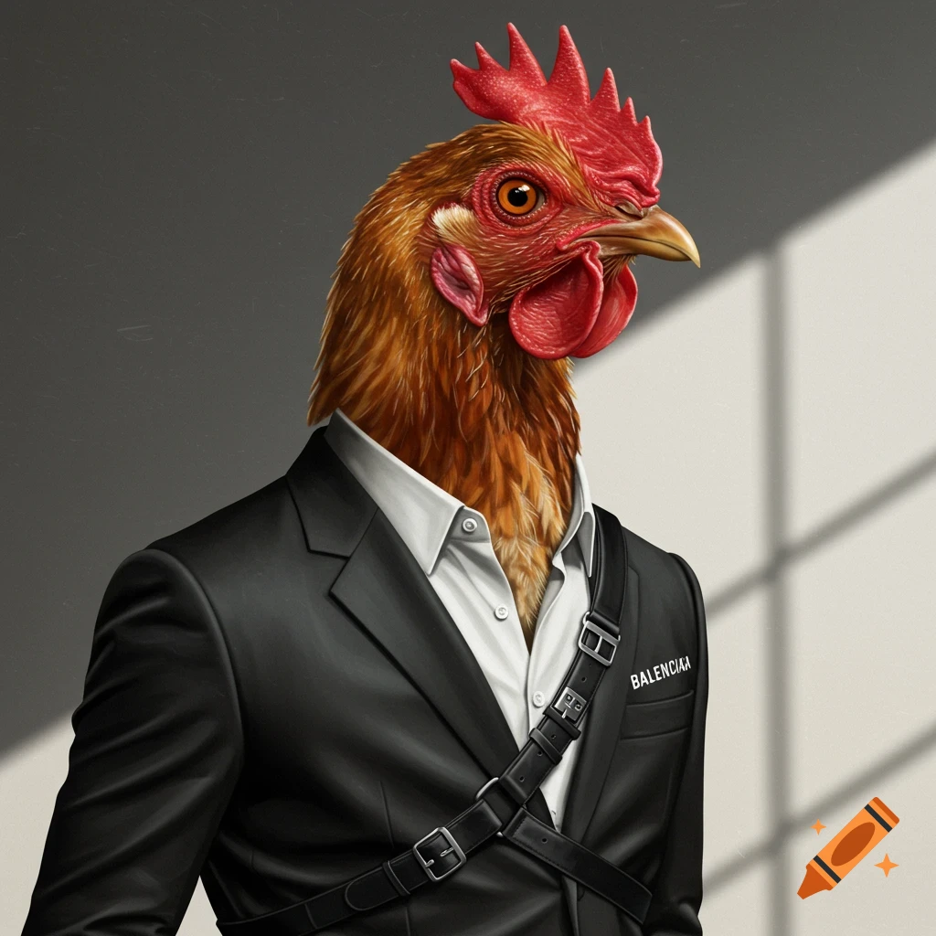 A chicken is wearing a suit and shoulder strap bag. on Craiyon