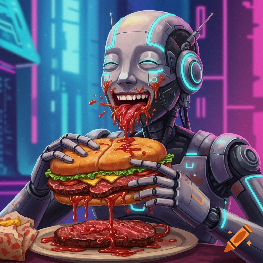 Robot eating sloppy steaks on Craiyon