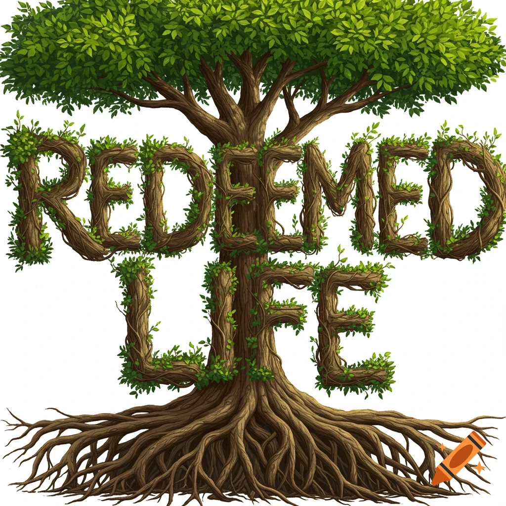 Redeemed Life typography formed from tree branches, leaves, and roots ...