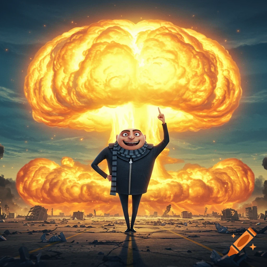 Gru from Despicable Me points at a large explosion in a ruined ...