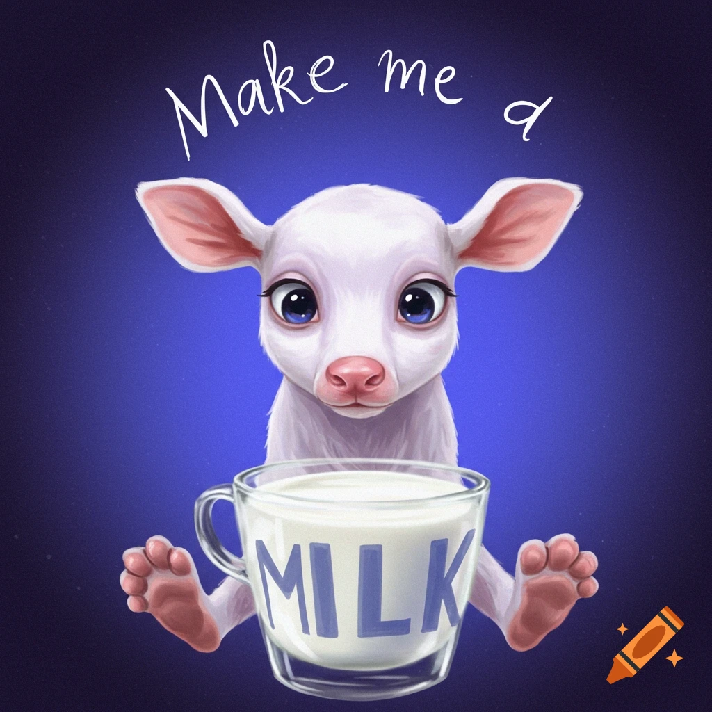 Cute cartoon baby goat or deer holding a glass of milk with text 'Make ...