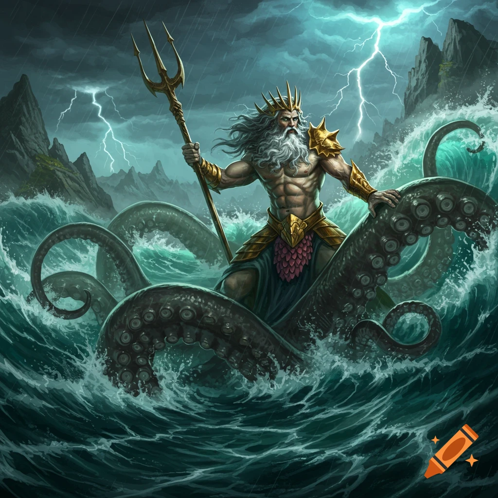 Poseidon riding the Kraken on Craiyon