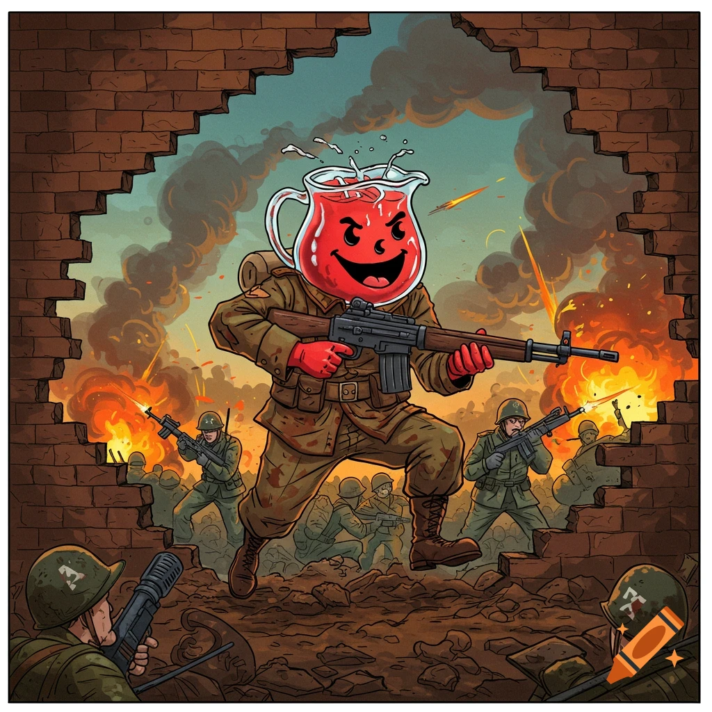 Kool-Aid Man breaks through wall on battlefield as a soldier on Craiyon