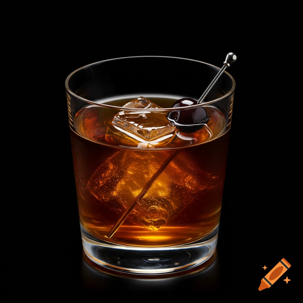 Black Manhattan cocktail with rye whiskey and amarena cherry on Craiyon