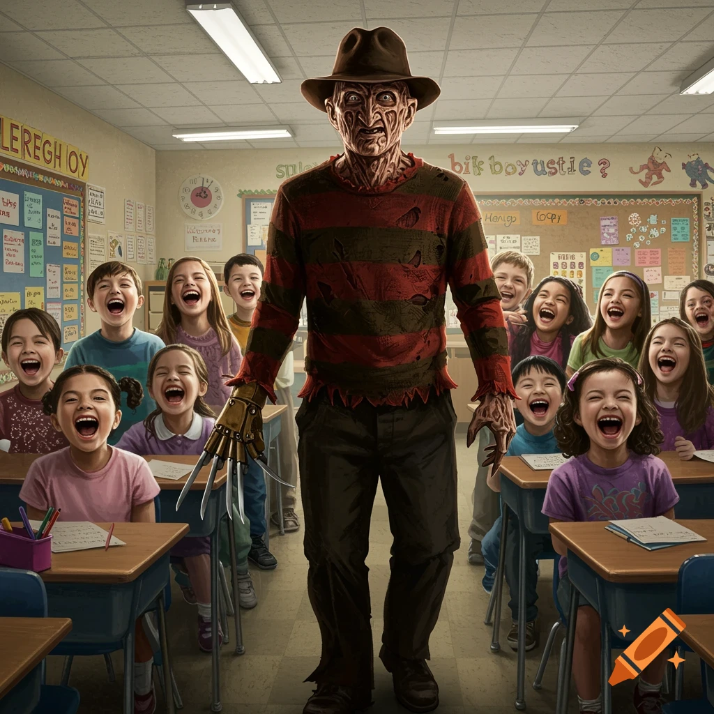 An image of Freddy Krueger in a classroom surrounded by laughing ...