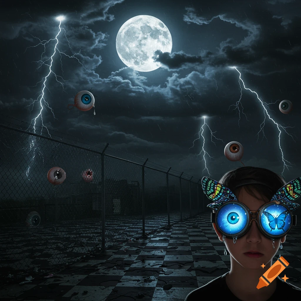 Surreal scene with floating eyeballs, stormy sky, and person with ...