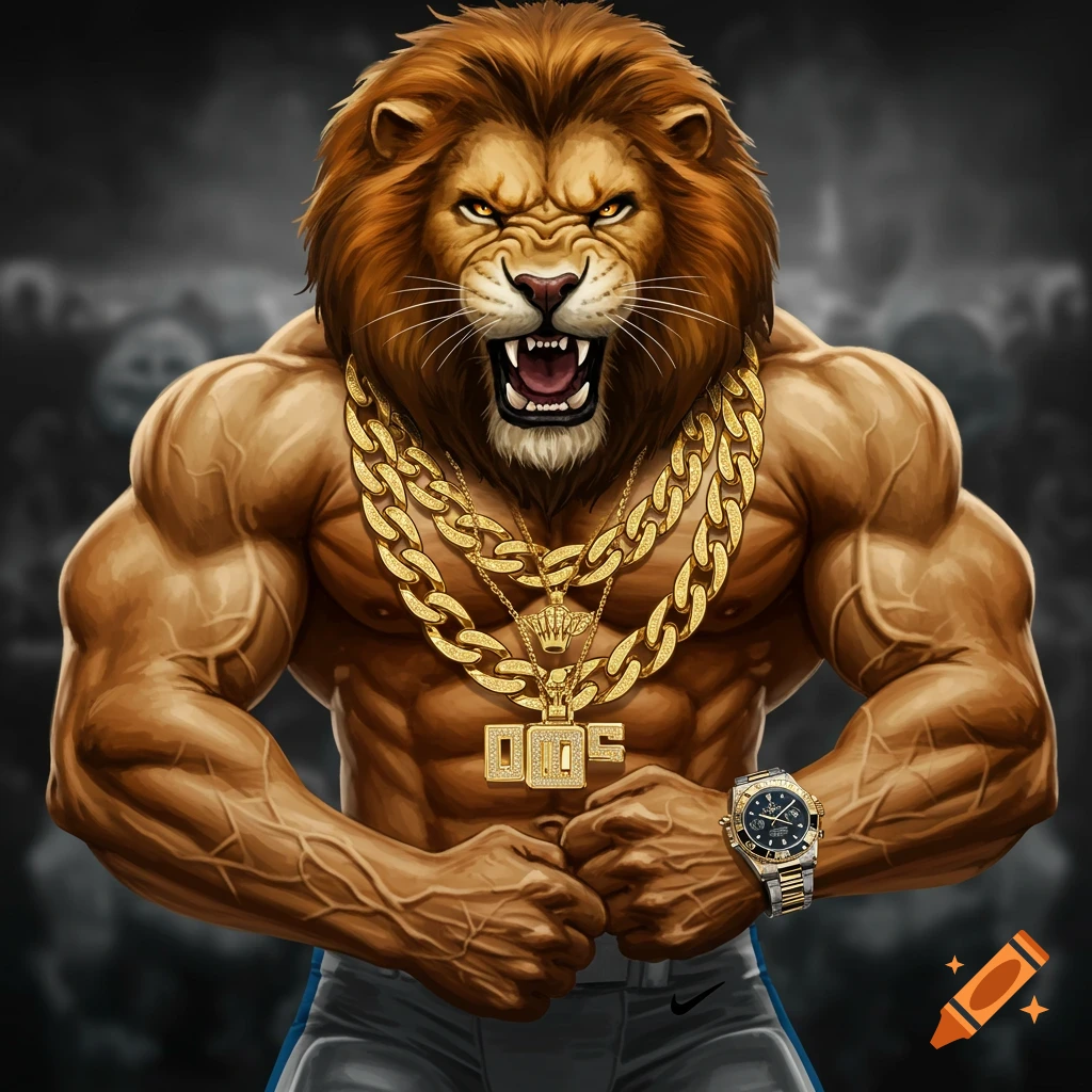 Detroit Lions mascot, strong and buff, wearing gold chains and Rolex ...