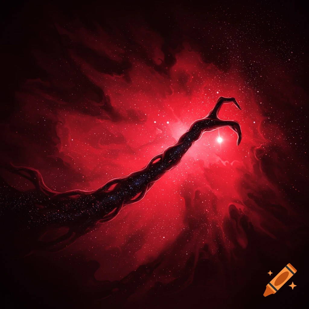 Chaotic blood-red shadow with starlight and a light-and-dark limb ...