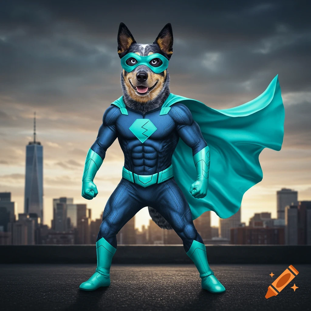 Blue heeler superhero illustration on Craiyon