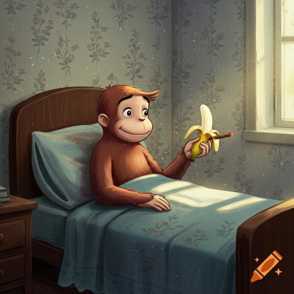 Curious George on his death bed with a banana cigar on Craiyon